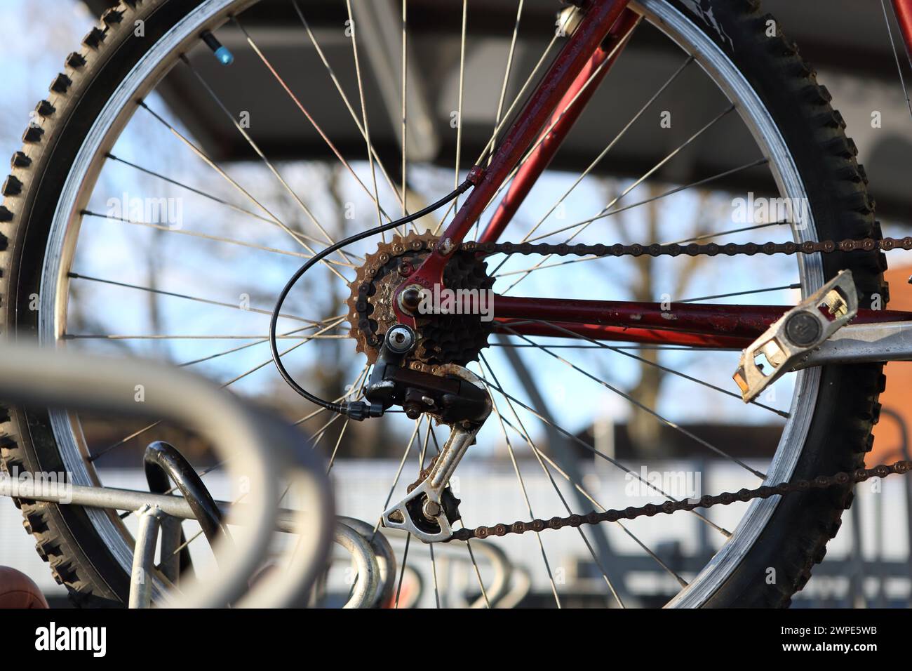 Rear bike wheel with gears cycle parking facilities at Farnborough Main ...
