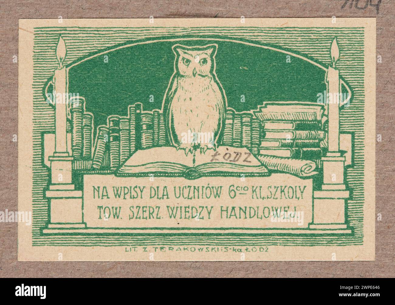A question stamp from 1914–1919 showing an owl on an open book with ...