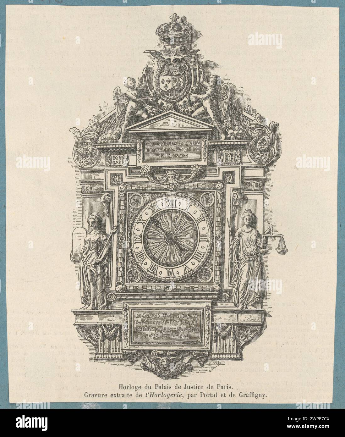 Illustration of the Palais de Justice clock in Paris from 1888, showing ...
