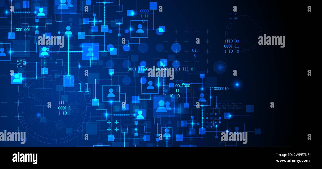 Abstract representation of a computer network and its users in the form of icons of people in ...