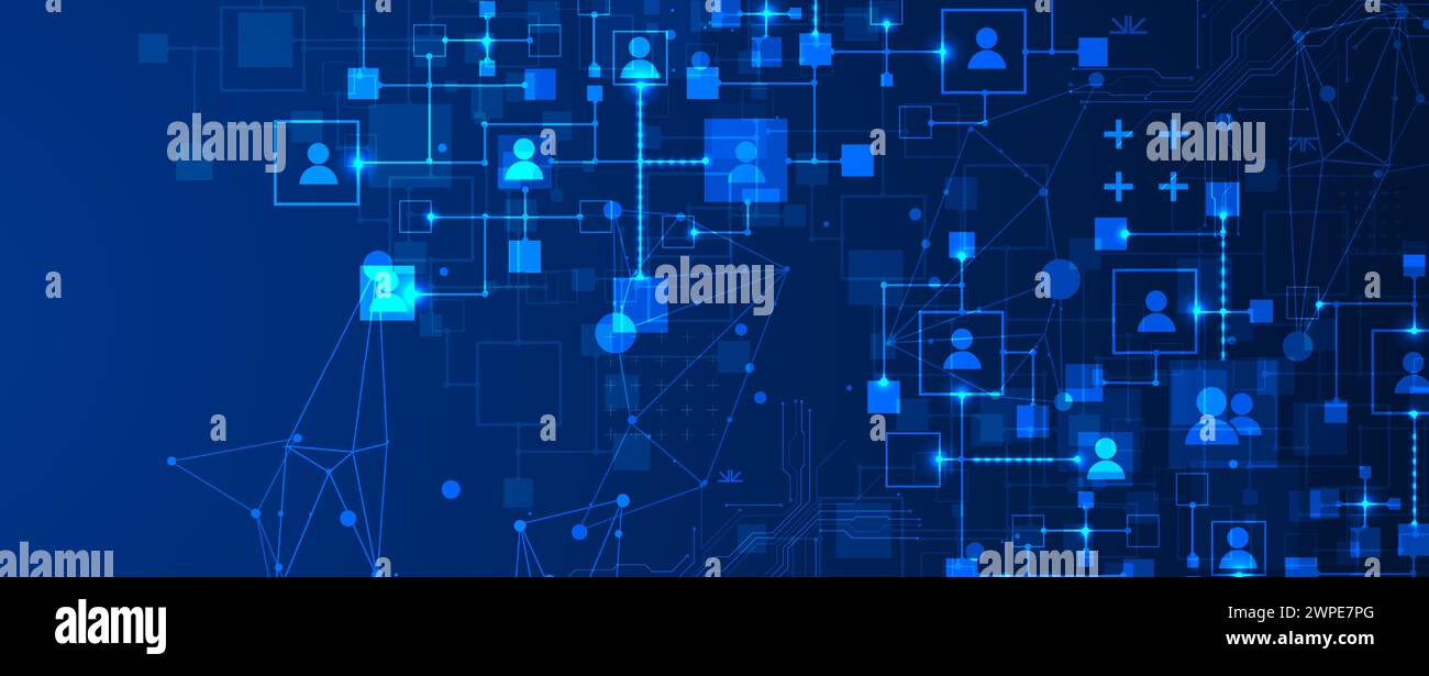 Abstract representation of a computer network and its users in the form of icons of people in ...