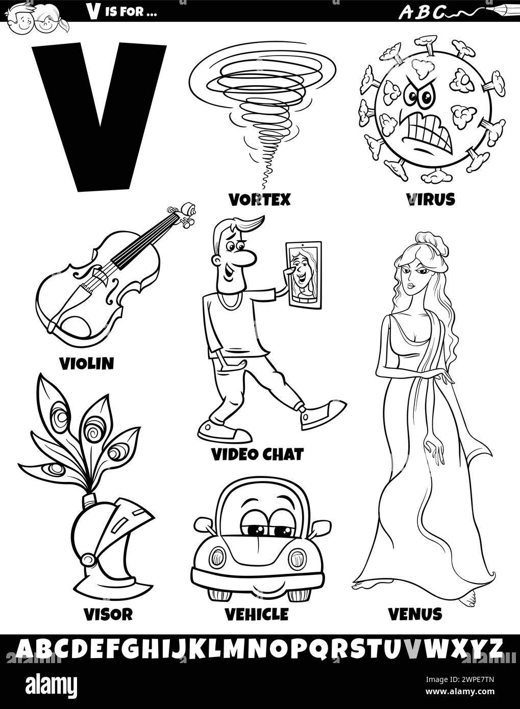 Cartoon illustration of objects and characters set for letter V ...