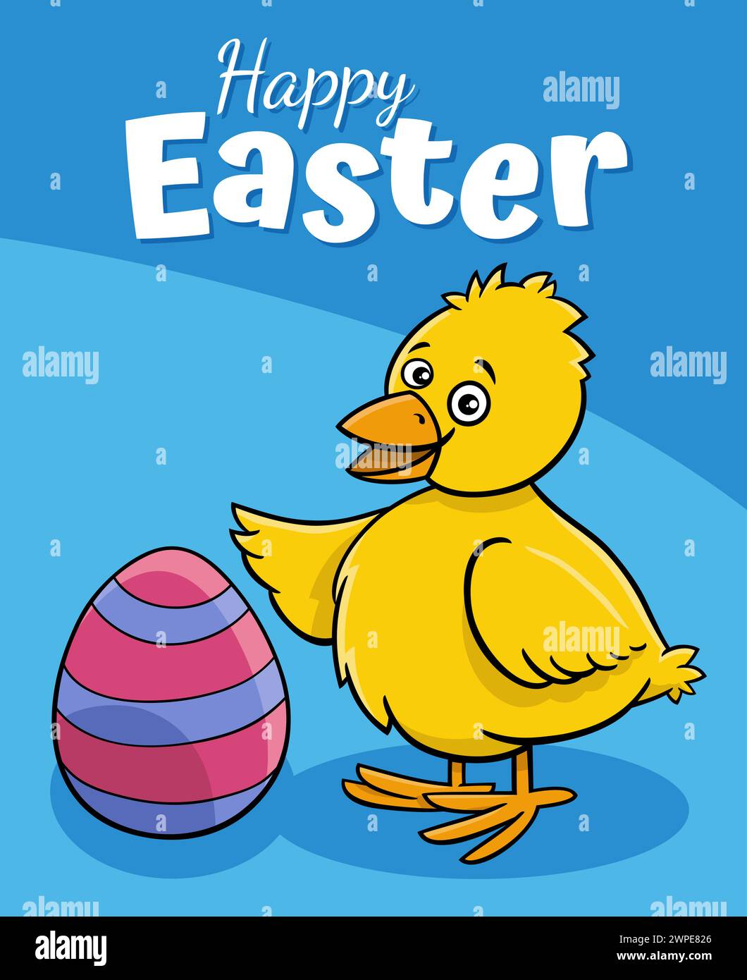 Cartoon illustration of Easter chick with colored egg greeting card ...