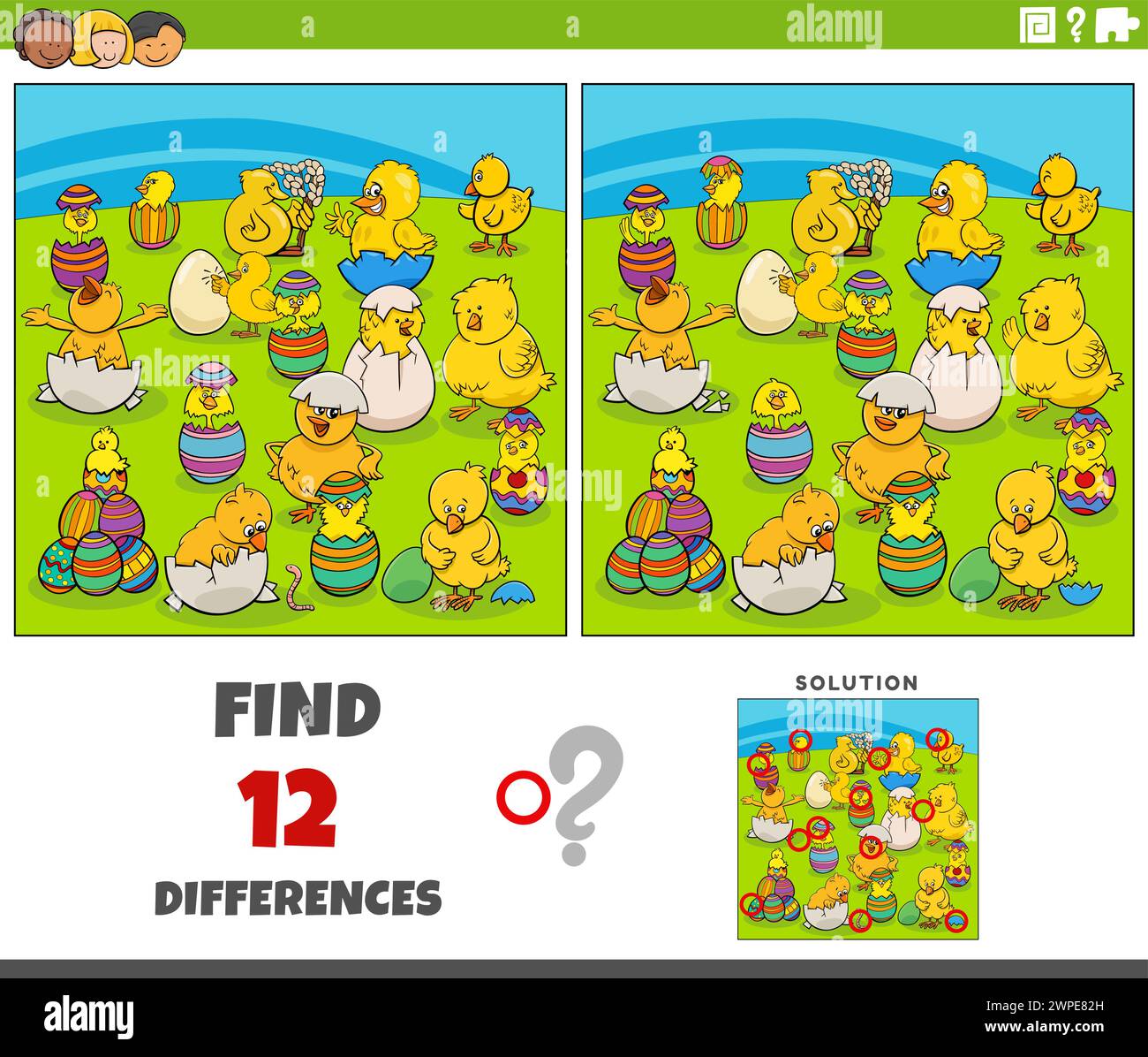 Cartoon illustration of finding the differences between pictures educational game with little ...