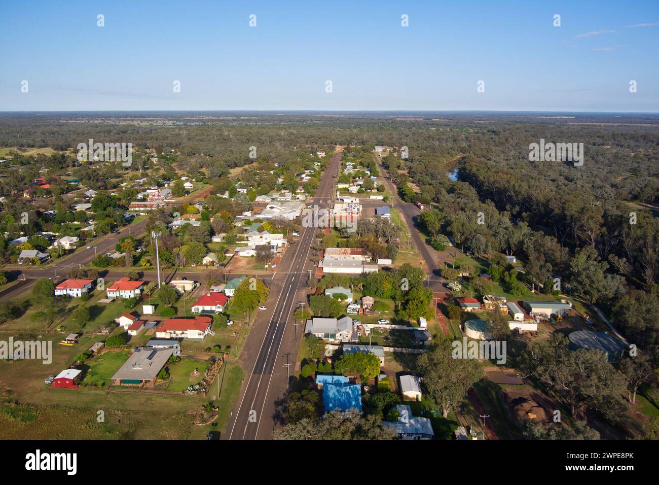 Aerial of the small village of Surat on the bakns of the Balonne River ...