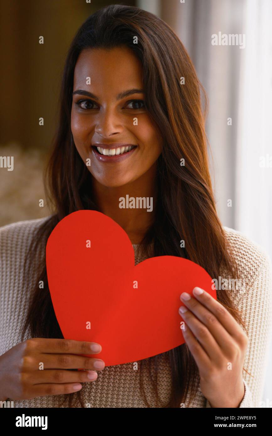 Woman, portrait and heart paper for kindness, care and love emoji for ...