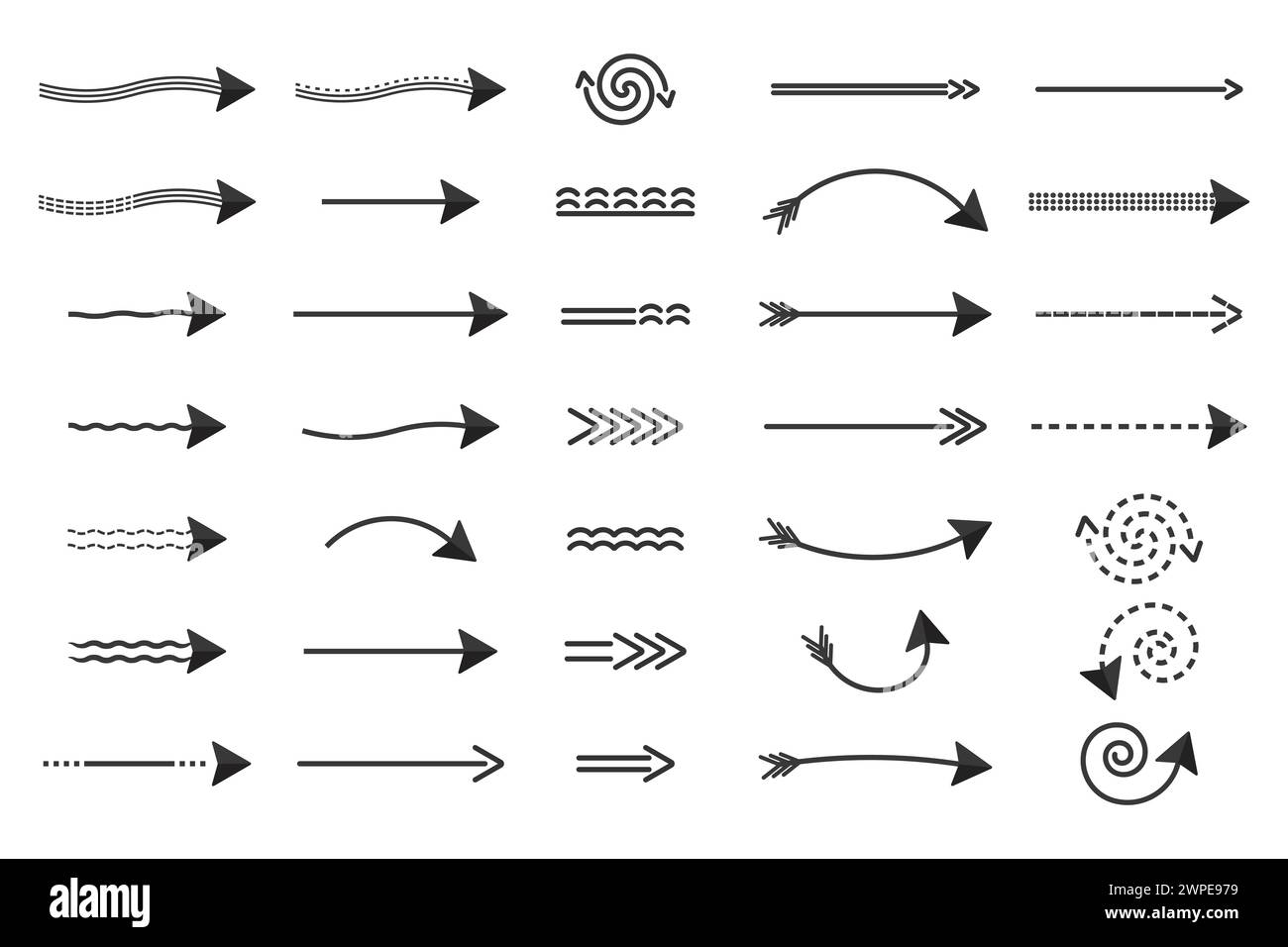 Arrows direction of movement, set of black arrows of different shapes ...