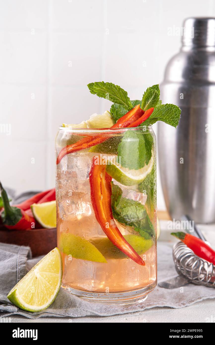 Thai cold red chili iced tea, lemonade or mojito cocktail glass, summer ...