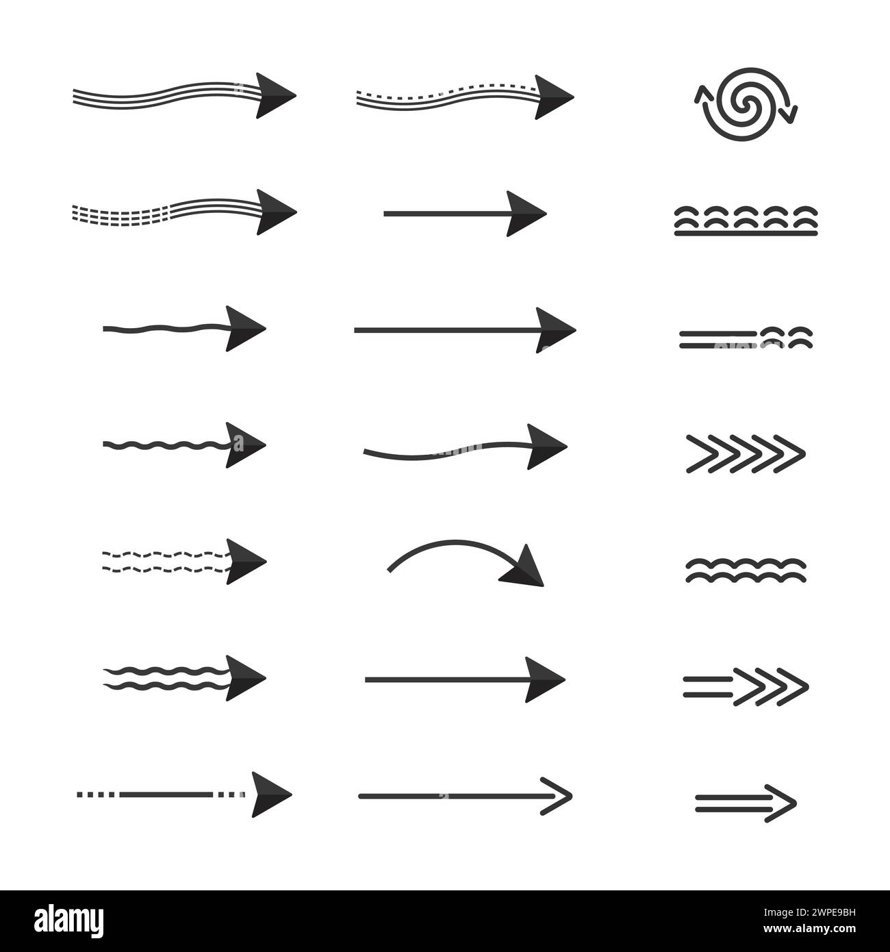 Arrows direction of movement, a set of black arrows of different shapes dotted twisted pointers ...