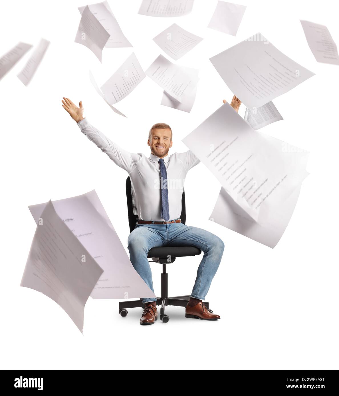 Happy man sitting in an office chair and throwing papers isolated on ...