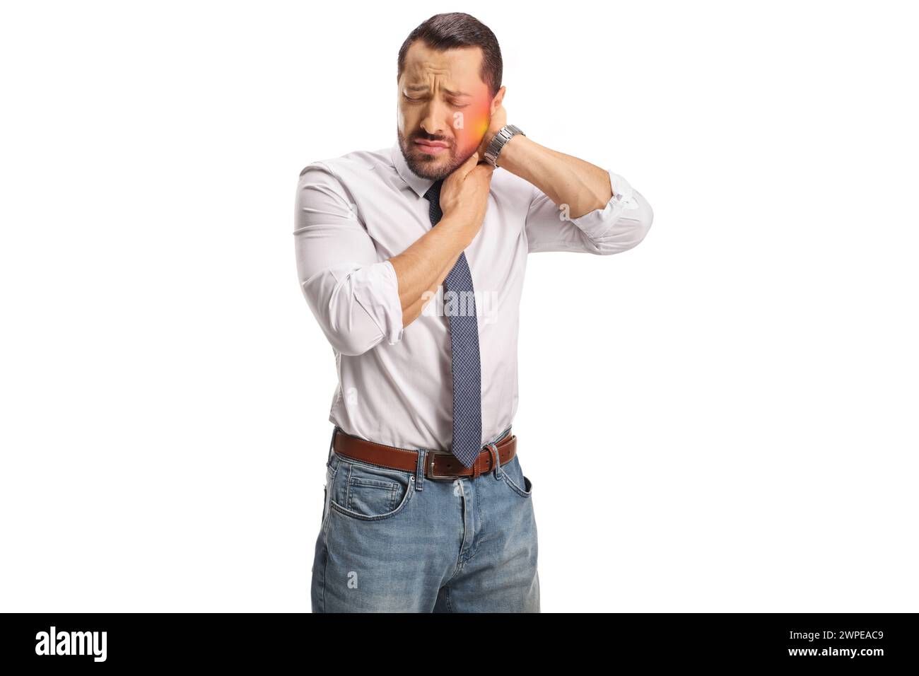 White collar worker in pain holding his stiff inflamed neck isolated on ...