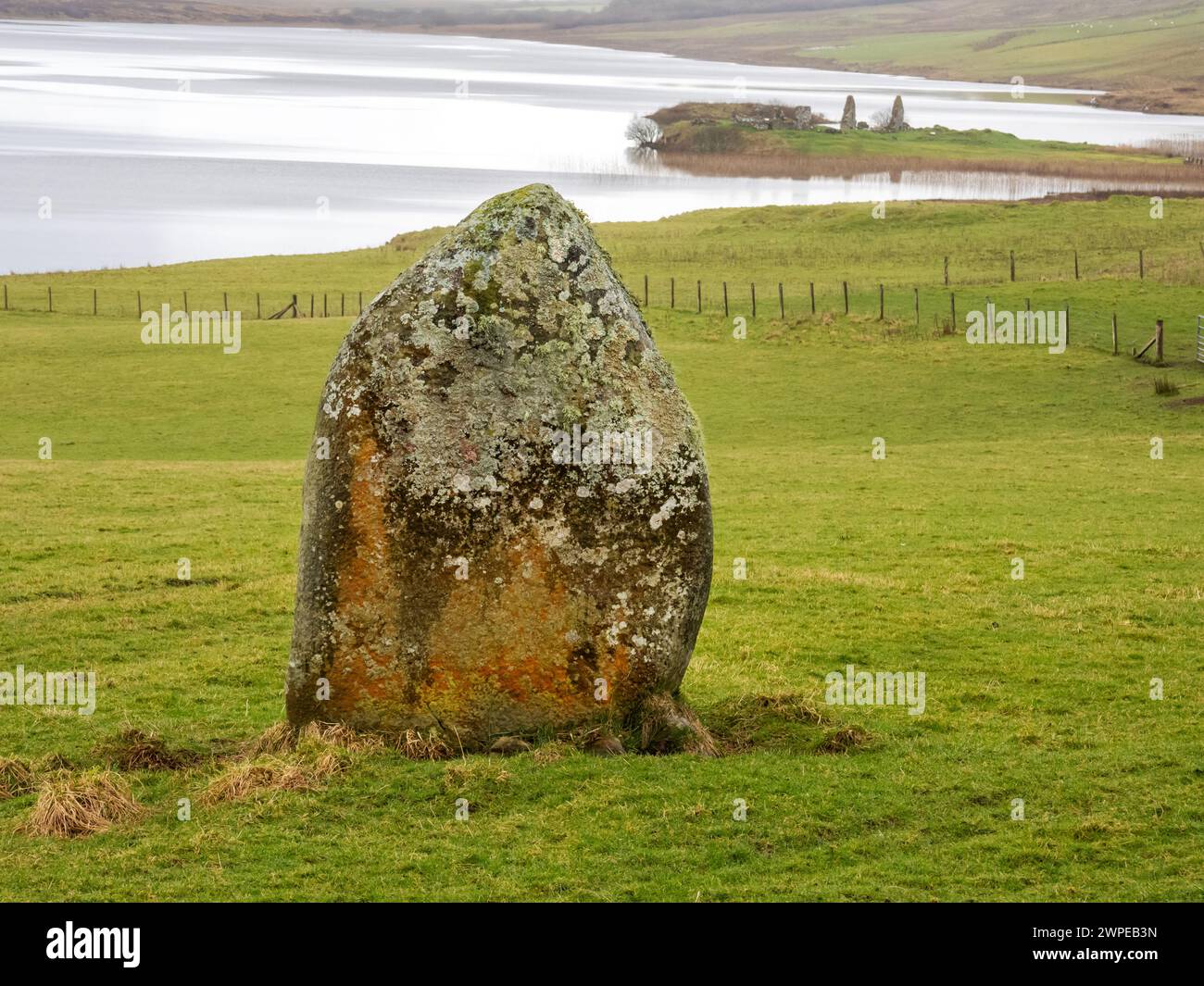 A standing stone above Loch Finlaggan on Islay, Scotland, UK in the ...