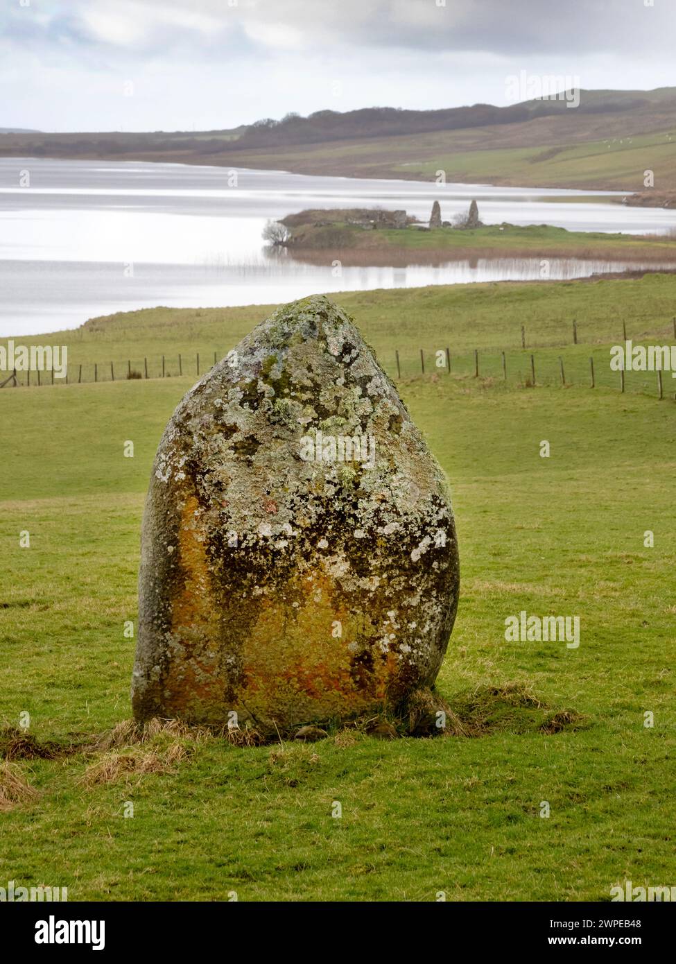 A standing stone above Loch Finlaggan on Islay, Scotland, UK in the ...