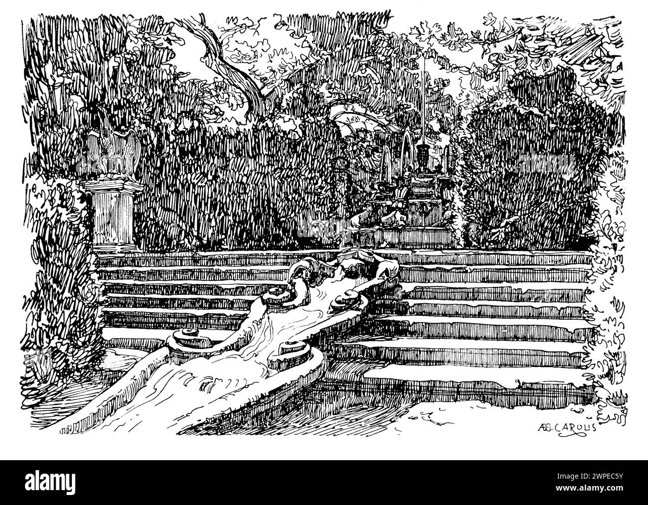 Villa Lante a Bagnaia, line drawing by Adolfo De Carolis Stock Photo ...