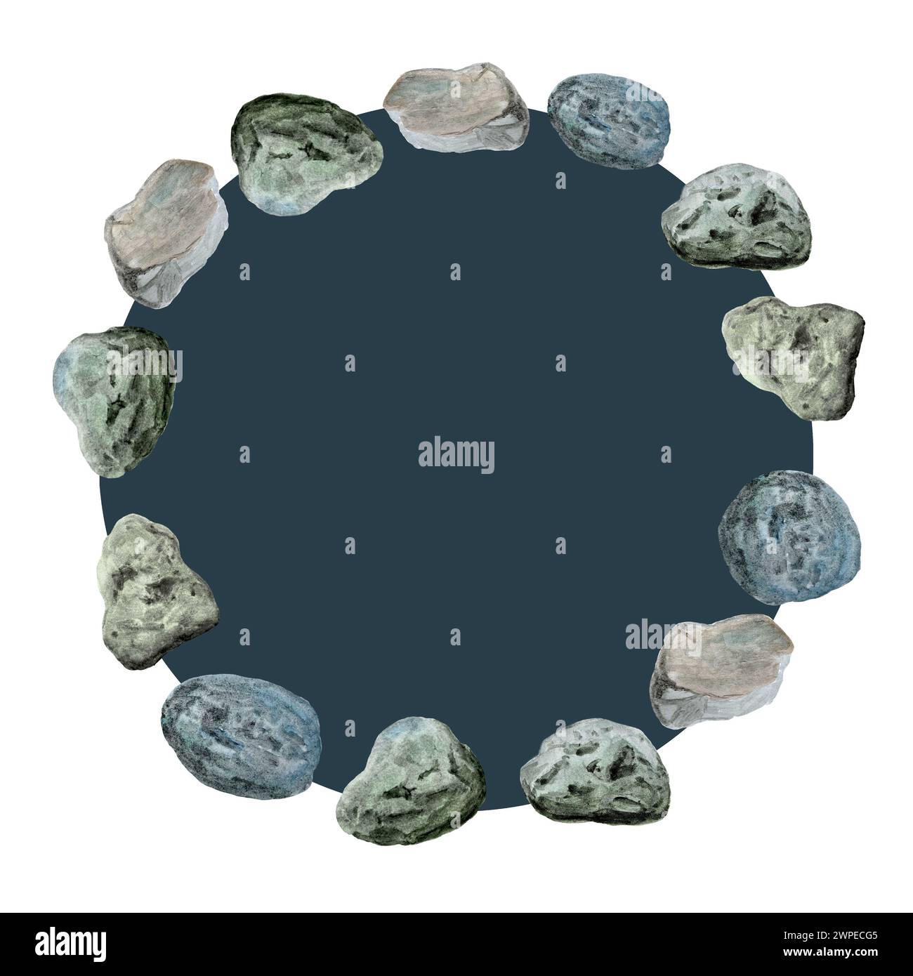 Watercolor wildlife stones round frame on dark blue-green background ...