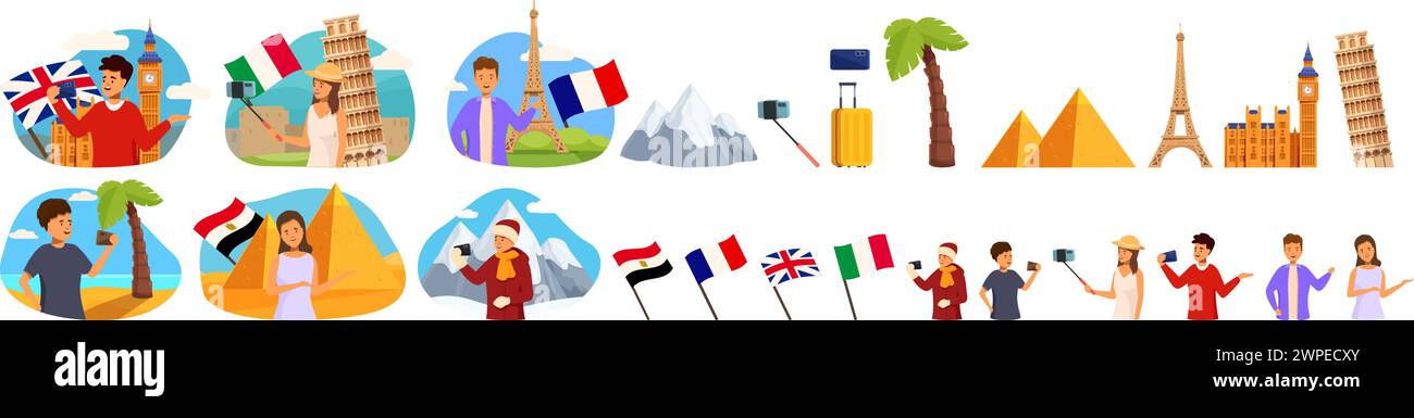 Travel blogger icons set cartoon vector. Phone video create. Posting ...