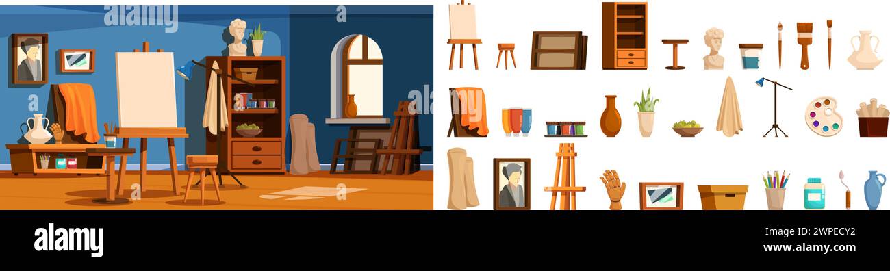 Art studio room interior icons set cartoon vector. Paint drawing ...