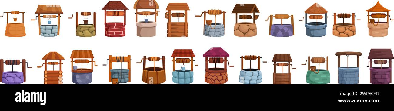 Old water well icons set cartoon vector. Wood rural stone. Medieval ...