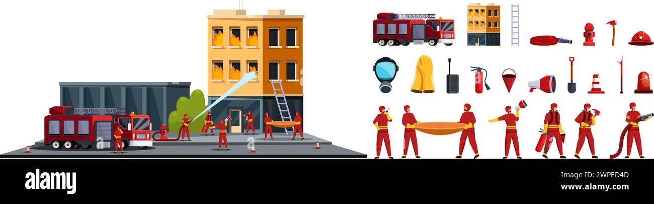 Fireman department work icons set cartoon vector. Young adult. Uniform ...