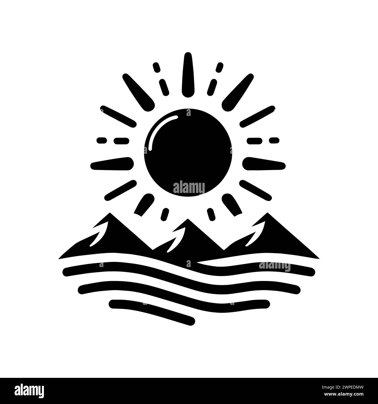 Sunrise black icon. Sunrise or sunset icon on mountains background ...