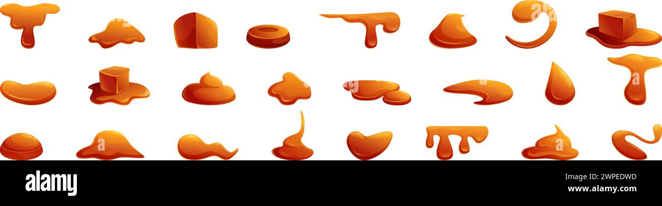 Caramel drops icons set cartoon vector. Toffee sugar sauce. Glossy ...