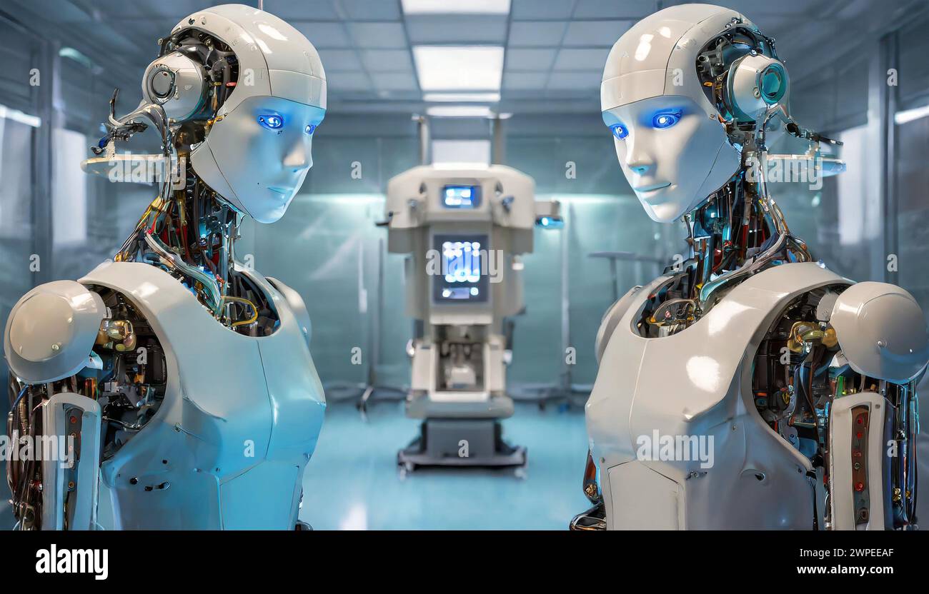 KI generiert, Zwei menschliche schöne humanoide Roboter im OP-Saal ... KI generiert, Zwei menschliche schöne humanoide Roboter im OP-Saal ...