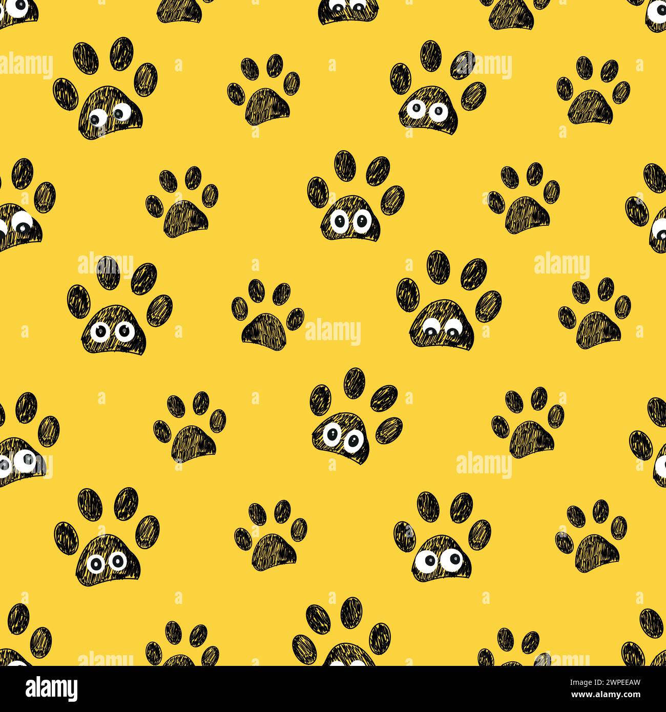 Paw prints with cartoon eyes. Seamless fabric design pattern with ...