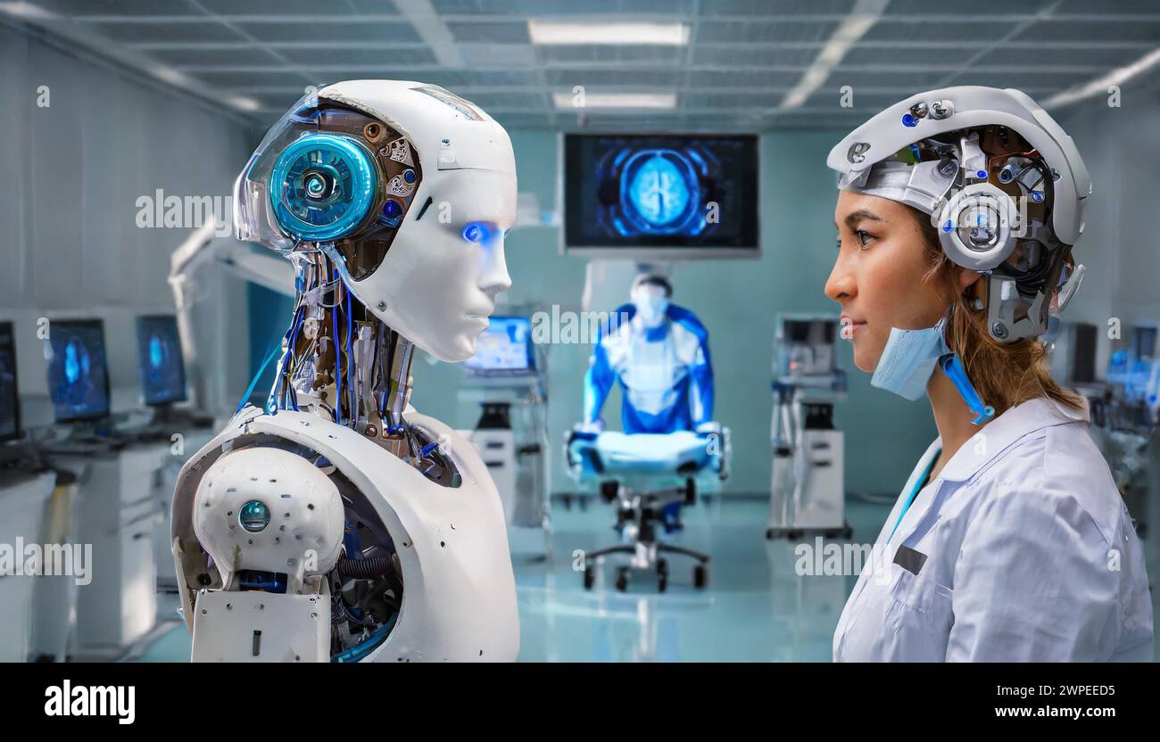 KI generiert, Zwei menschliche schöne humanoide Roboter im OP-Saal ... KI generiert, Zwei menschliche schöne humanoide Roboter im OP-Saal ...