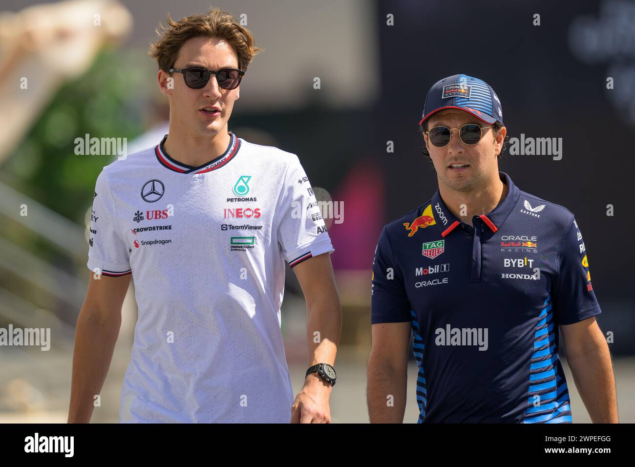 Jeddah, Saudi Arabia. 7th March 2024. George Russell of Mercedes-AMG Petronas F1 Team and Sergio ...