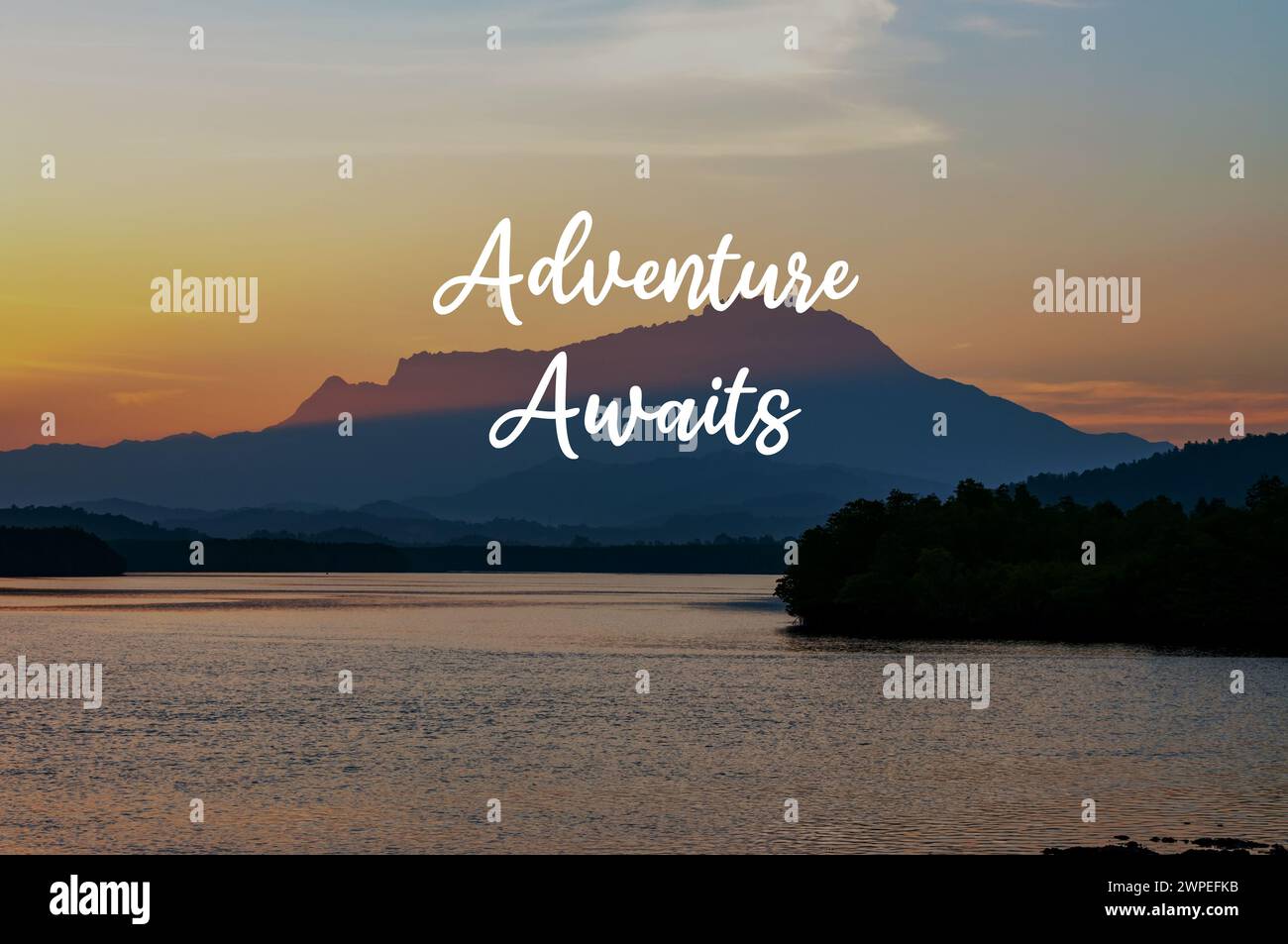 Sunrise landscape with inspirational quotes adventures awaits Stock ...