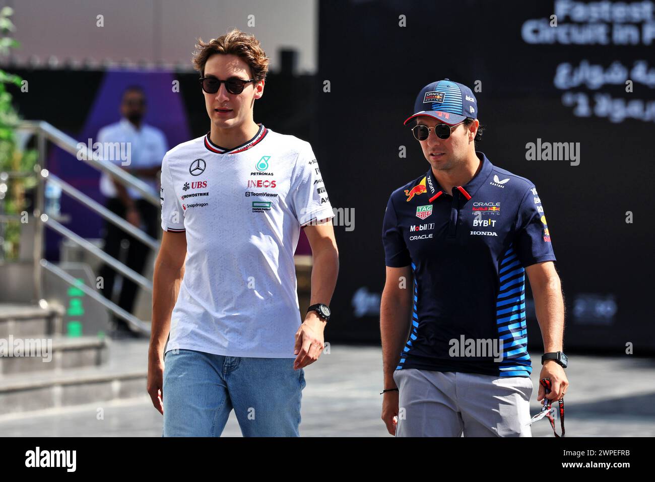 Jeddah, Saudi Arabia. 07th Mar, 2024. (L to R): George Russell (GBR) Mercedes AMG F1 with Sergio ...