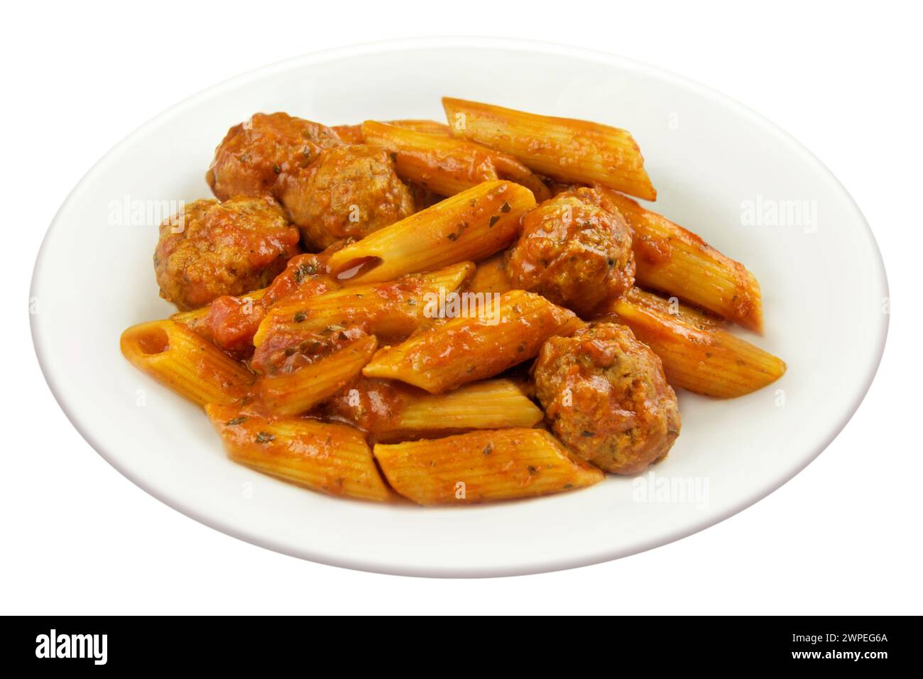 Meatballs and noodles with tomato sauce isolated on white background ...