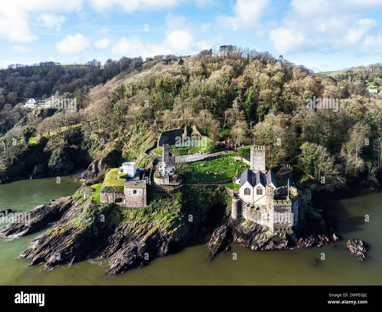 Dartmouth Castle over River Dart from a drone, Dartmouth, Kingswear ...
