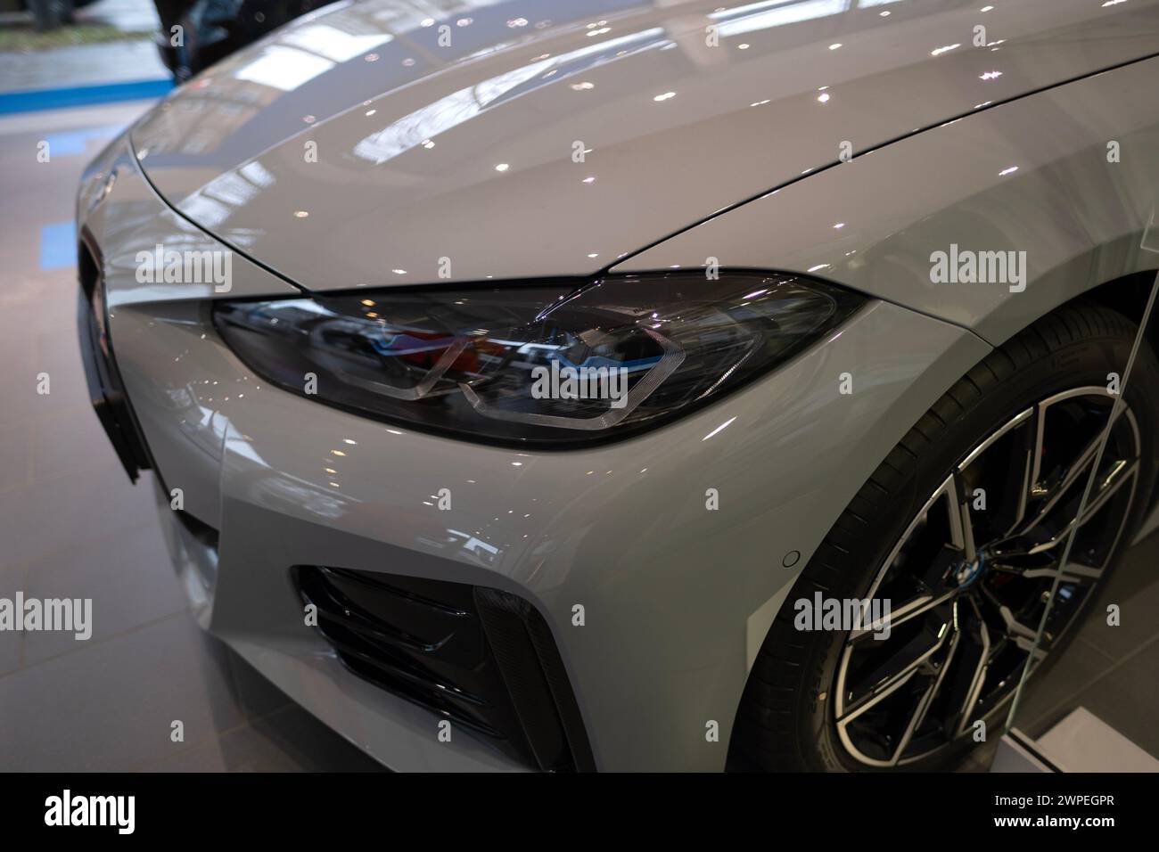 closeup of grey BMW i4 five-door electric liftback class D, German BMW ...