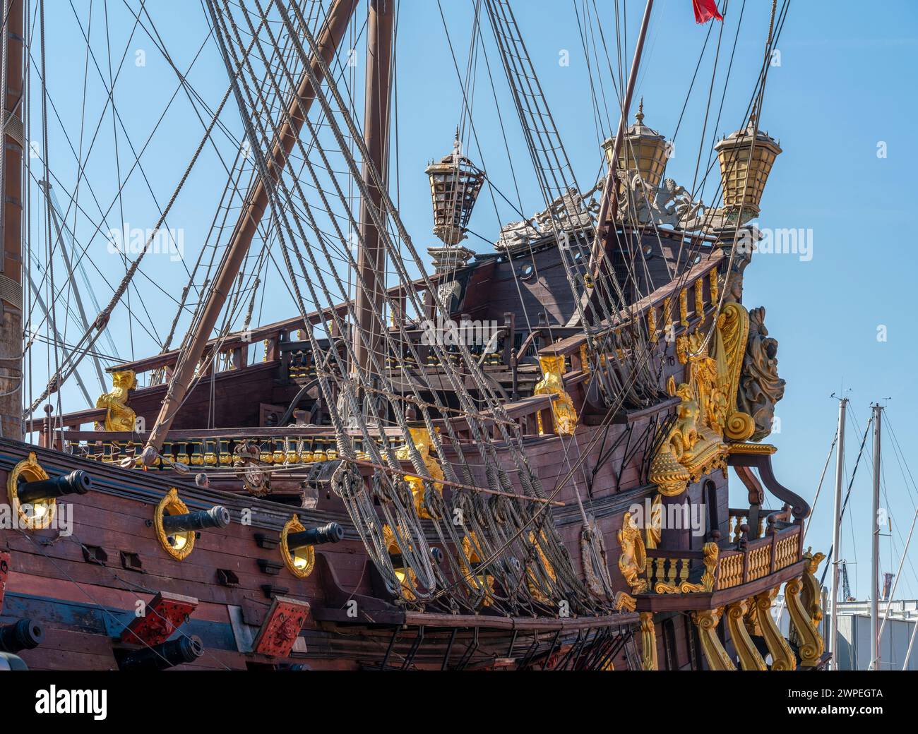 Detail of a historic sailing ship seen in Genoa, the capital of the ...