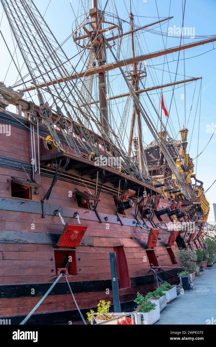 Detail of a historic sailing ship seen in Genoa, the capital of the ...