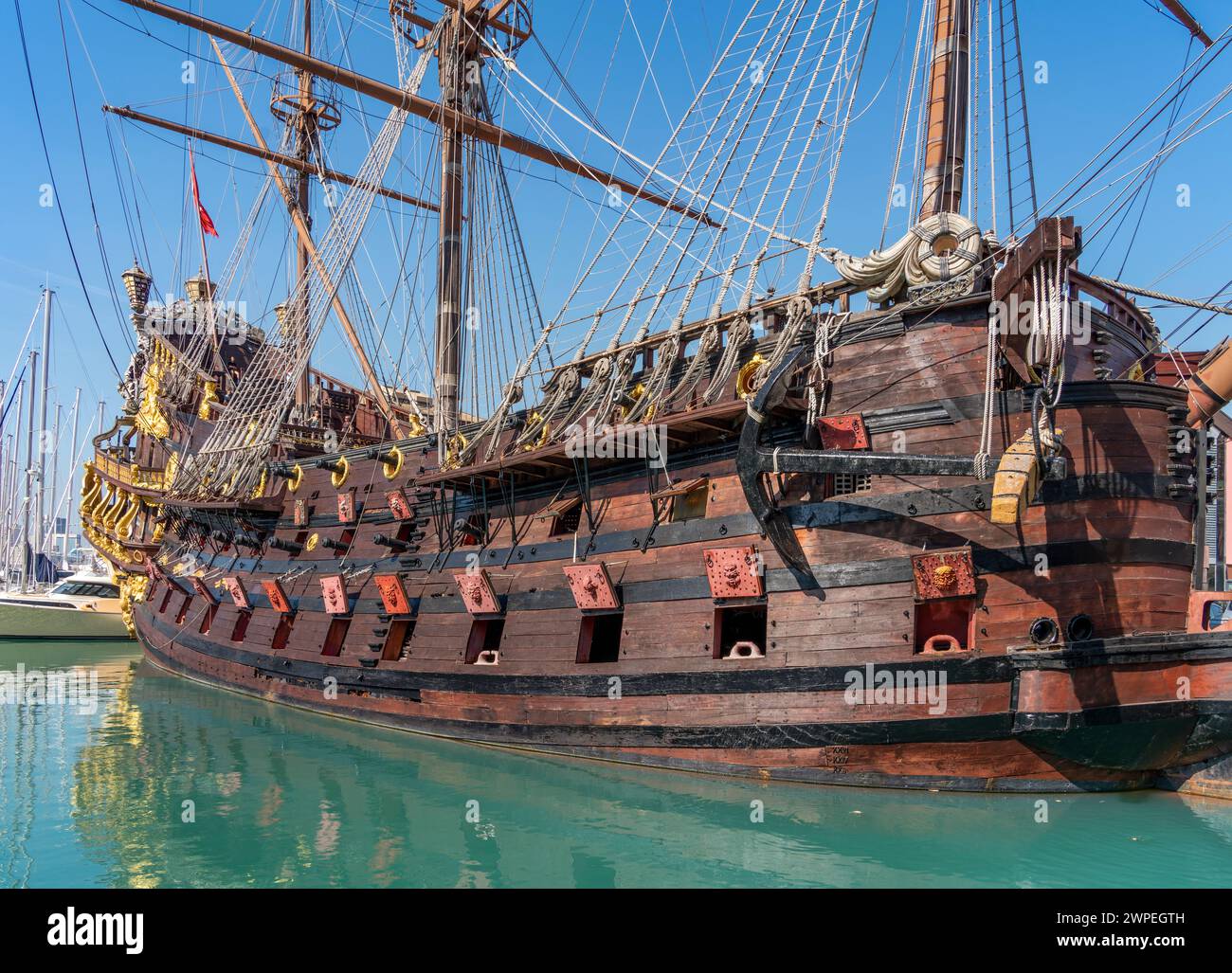 Historic sailing ship seen in Genoa, the capital of the italian region ...