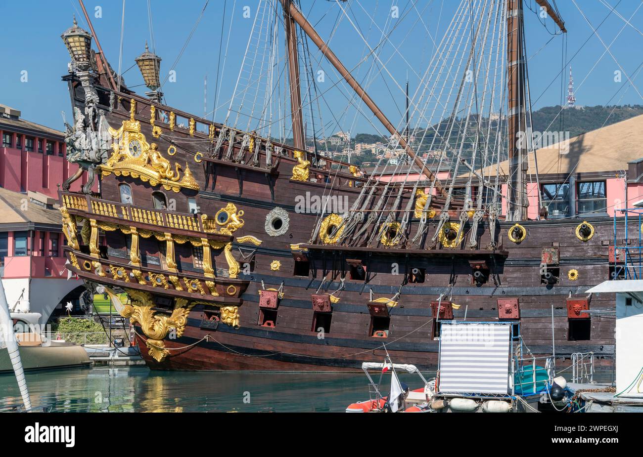 Detail of a historic sailing ship seen in Genoa, the capital of the ...