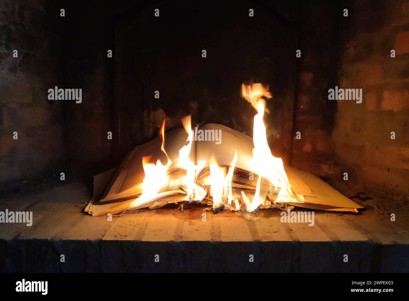 Close-up on an old book burning in the middle of a fireplace Stock ...