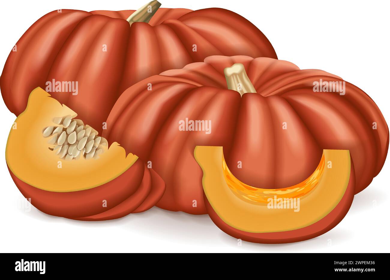 Whole and chopped Cinderella pumpkin. Rouge Vif D Etampes. Winter ...