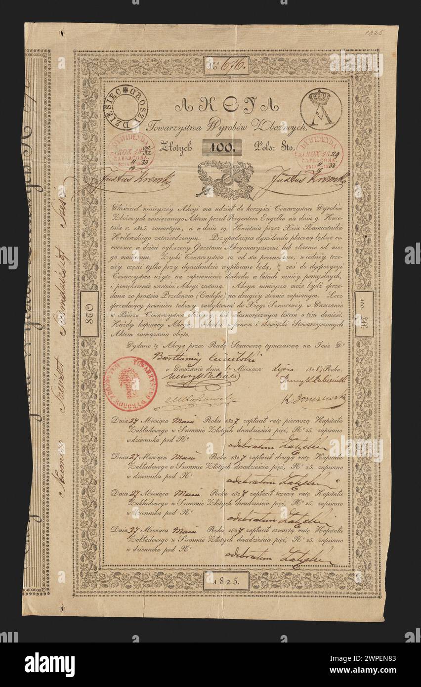 Stock certificate of the Society of Cereal Products issued in 1825 ...
