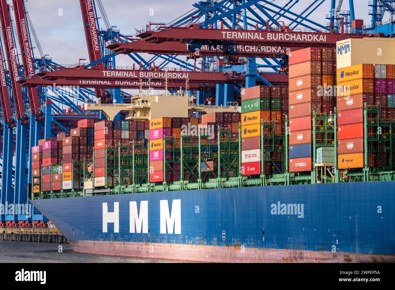 HMM Nuri Containerfrachter, am HHLA Container Terminal Burchardkai, im Waltershofer Hafen, wird ...