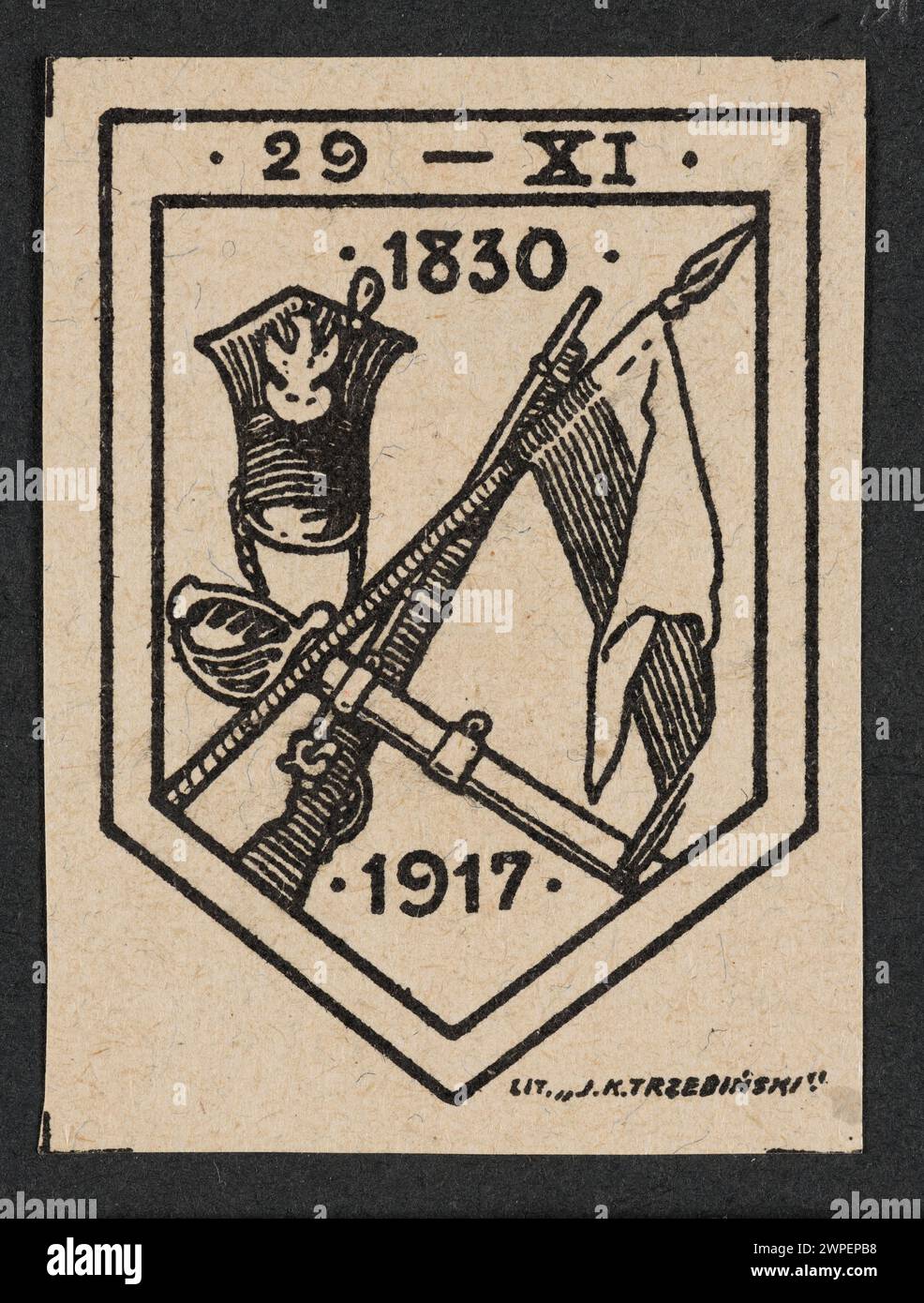 Occasional print showing a saber in the shield, white and red flag, a rifle and a Uhlan hat and ...