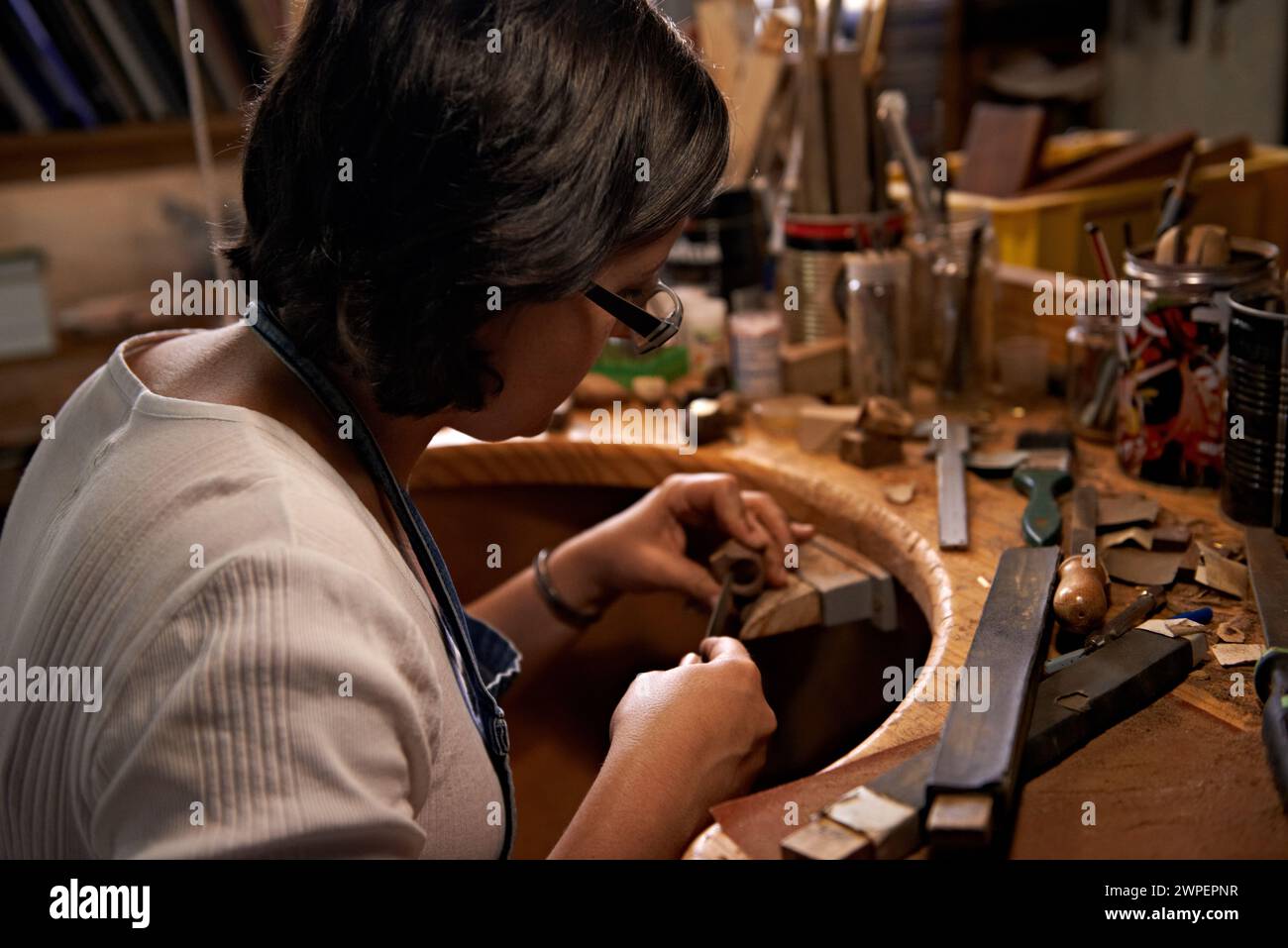 Carving, wood and artist in workshop with creative project or unique ...