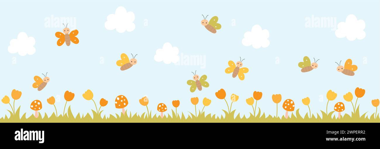 Panoramic spring background with butterflies, mushrooms, tulips and ...