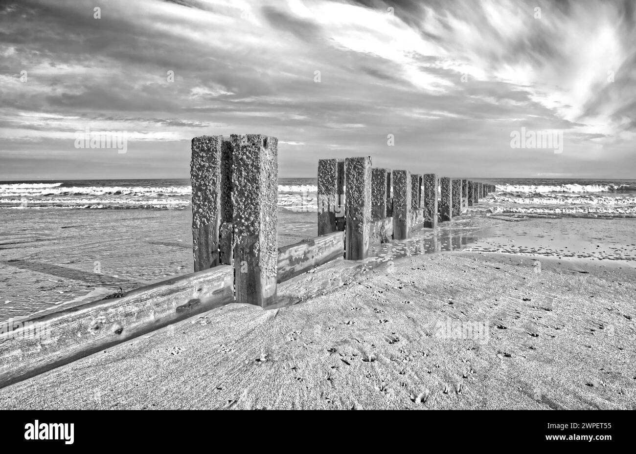 Groynes on the beach at Bridlington in Yorkshire protecting the ...