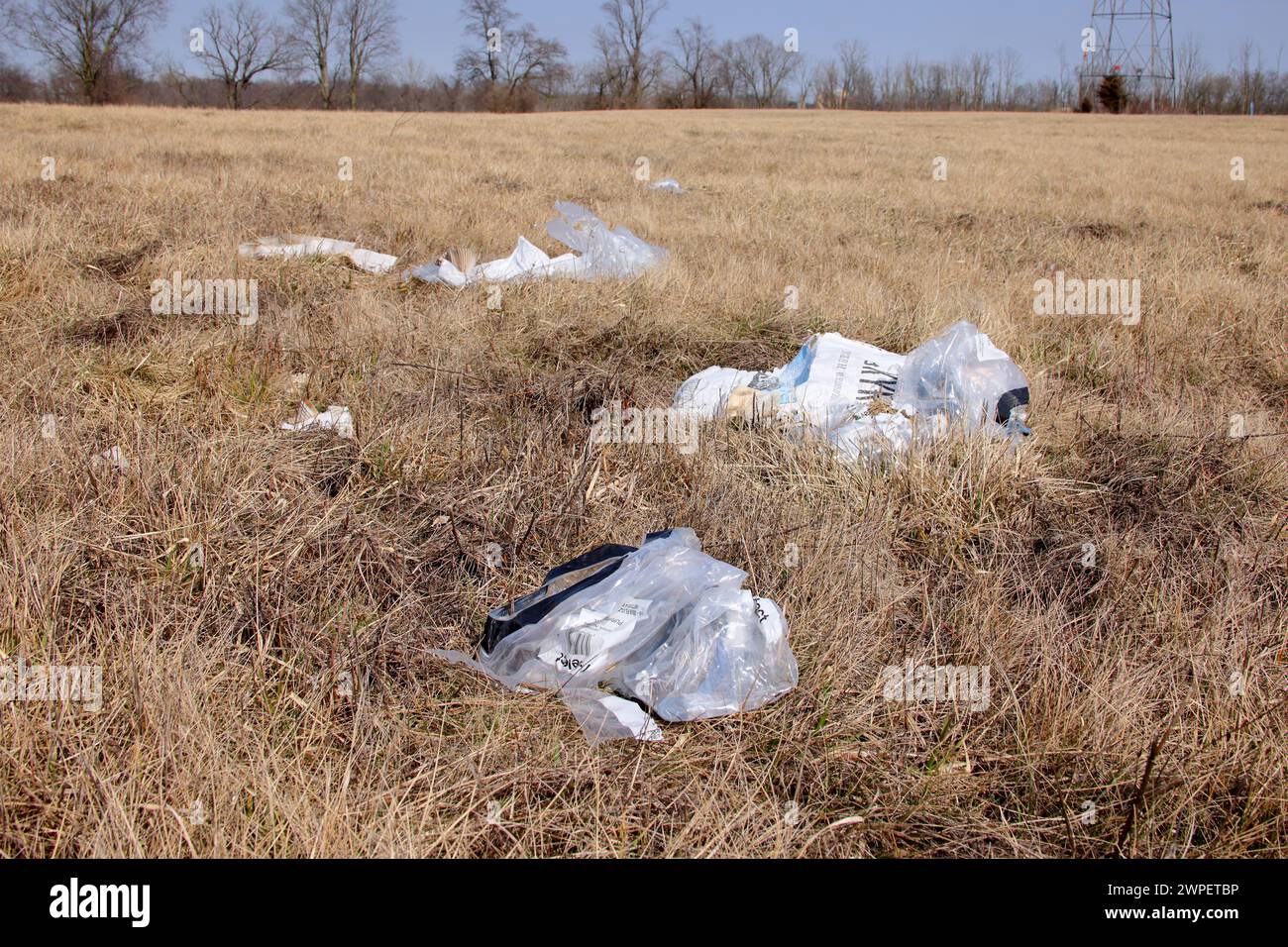 Weathered cardboard box and plastics dumped as trash in a wide open ...
