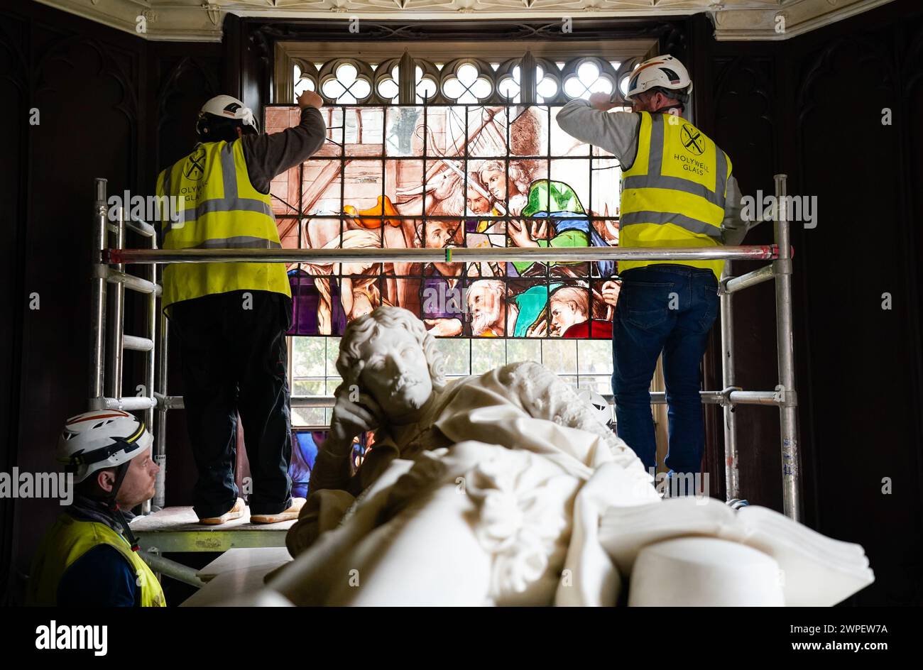 A framed section of a newly conserved 18th-century painted glass window ...