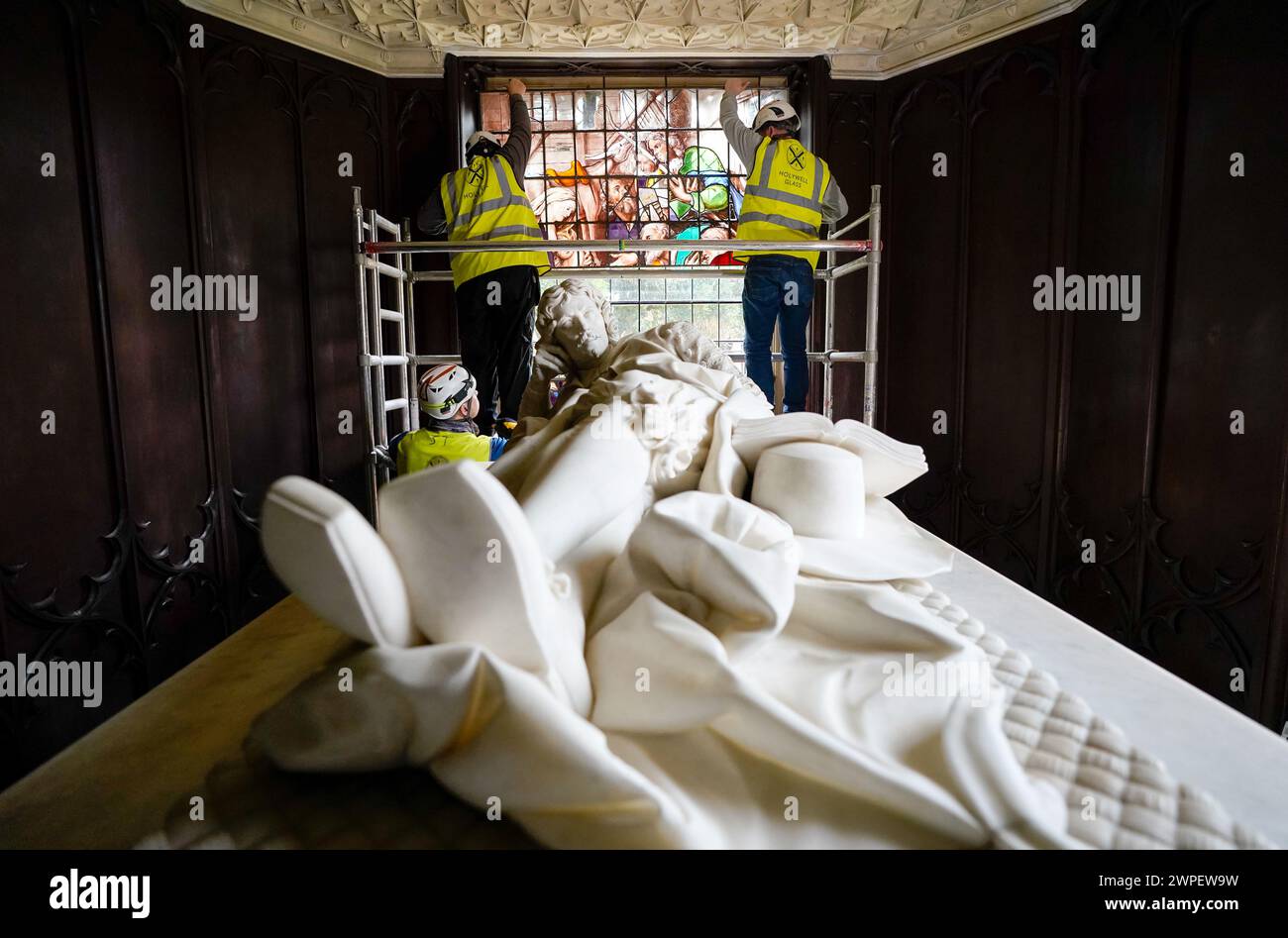 A framed section of a newly conserved 18th-century painted glass window ...