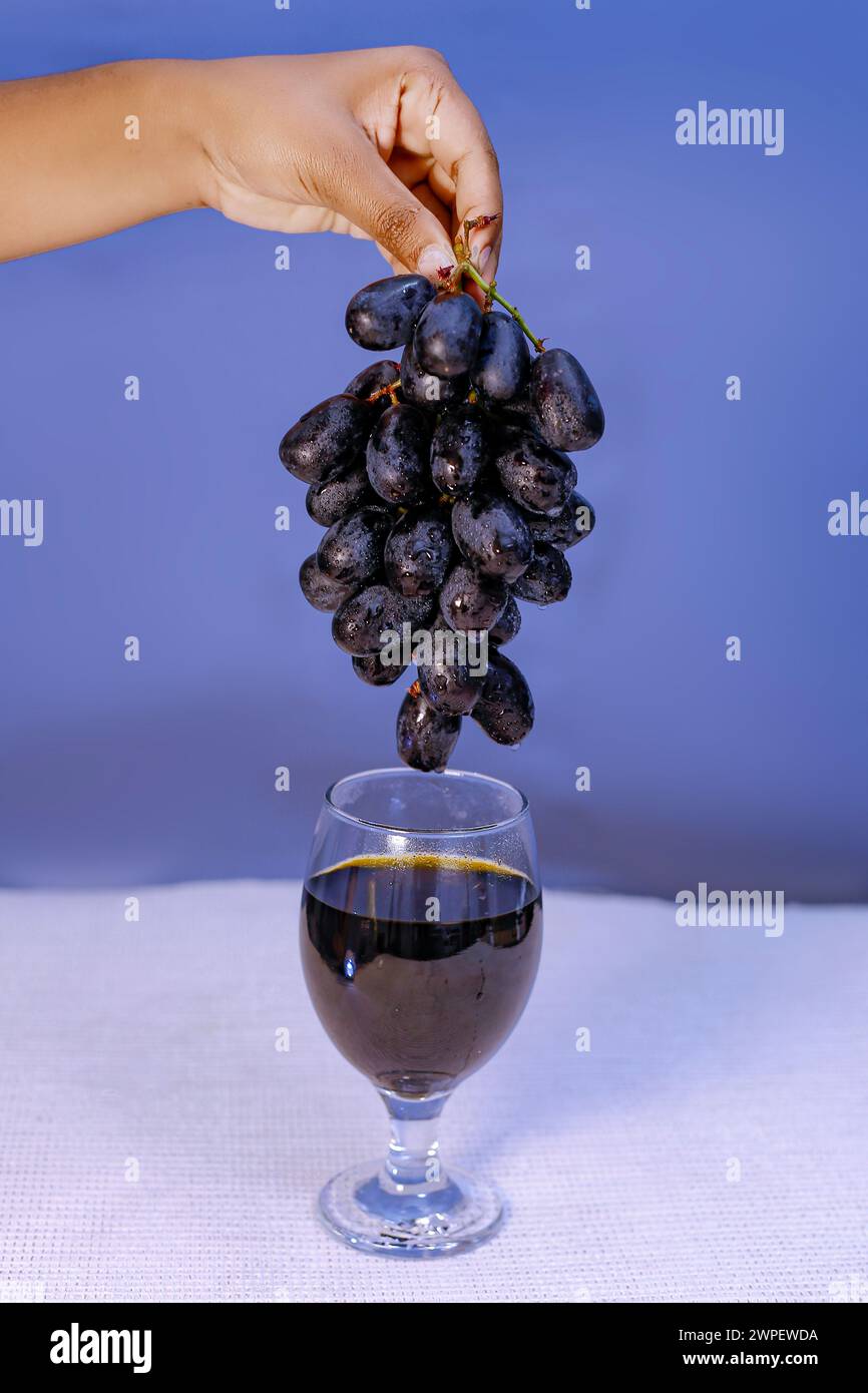 Hand holding bunch of grapes above glass of red wine. Selective focus. Blue Background Stock ...